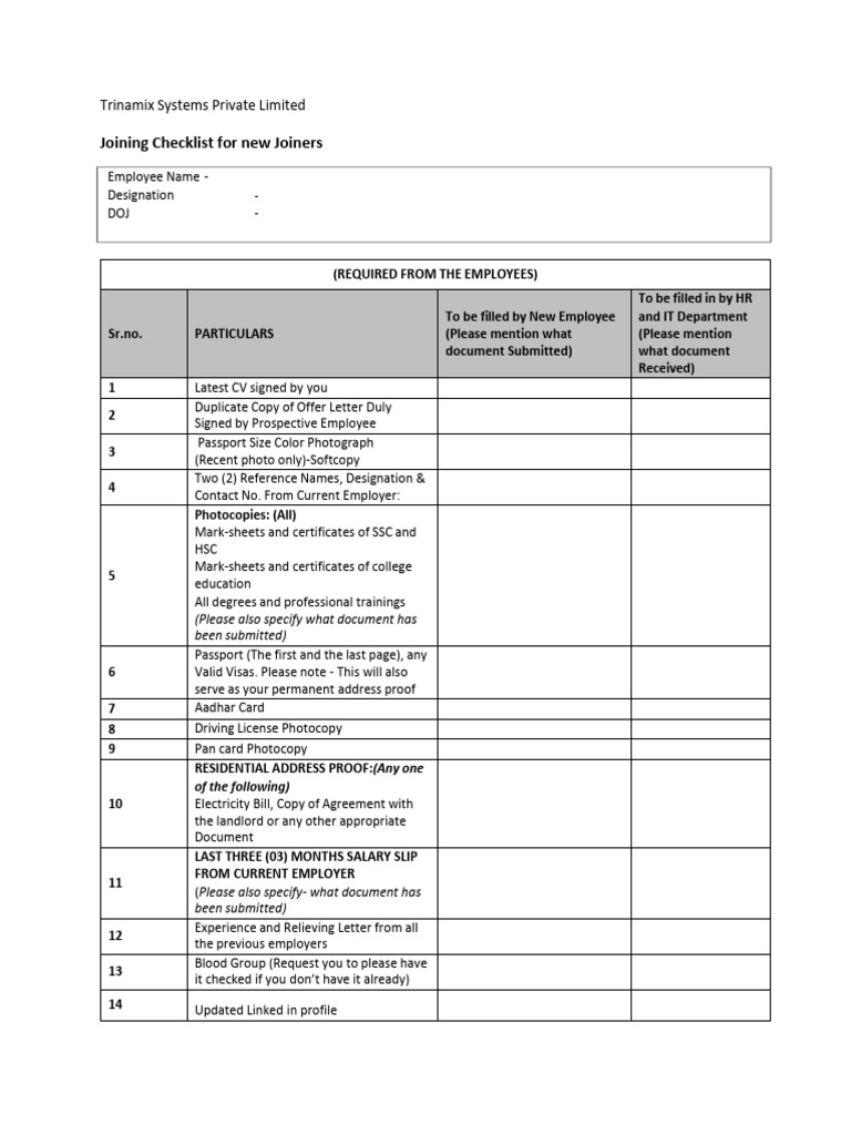 Joining Checklist For New Joinees-2024 | PDF