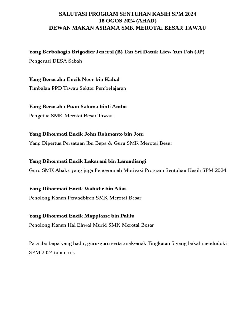 Salutasi Program Sentuhan Kasih Spm 2024 | PDF