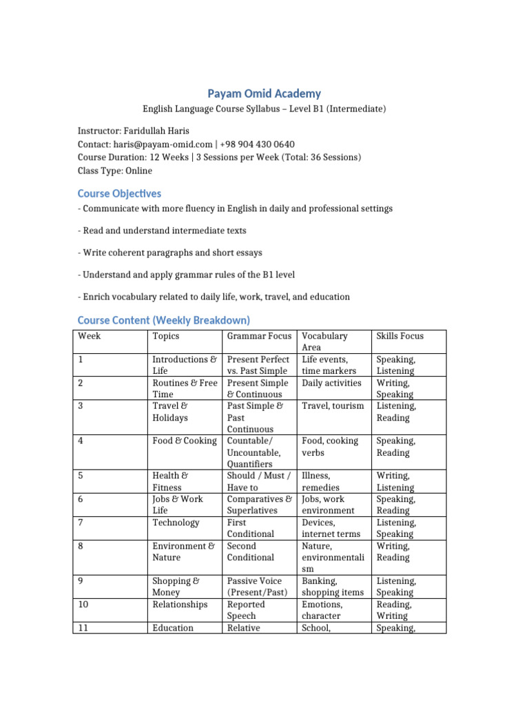 B1 English Course Syllabus Overview | PDF | English Language | Grammar