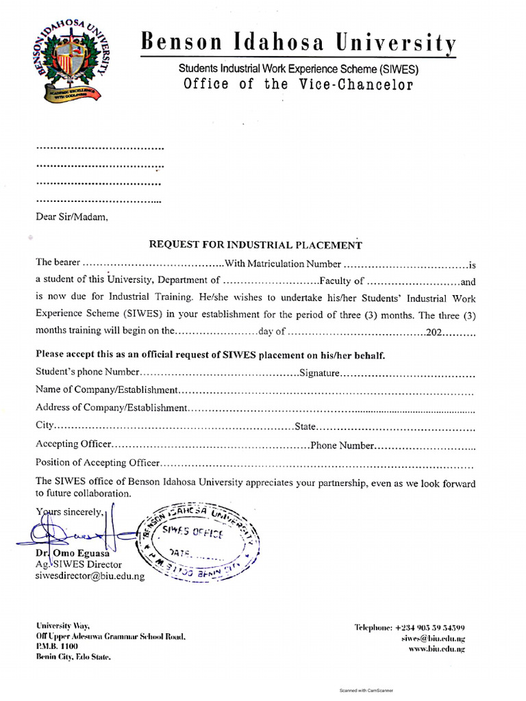 Siwes Request Form Three Months | PDF