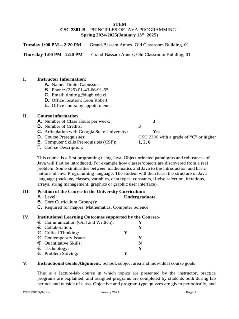 Syllabus CSC 2301 Principles of Java Programming-1 spring-2024-2025 (1) | PDF | Class (Computer ...
