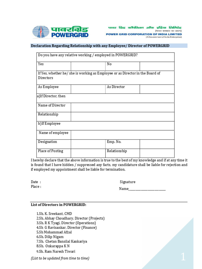 Declaration To Be Furnished by Candidate Regarding Relationship With ...