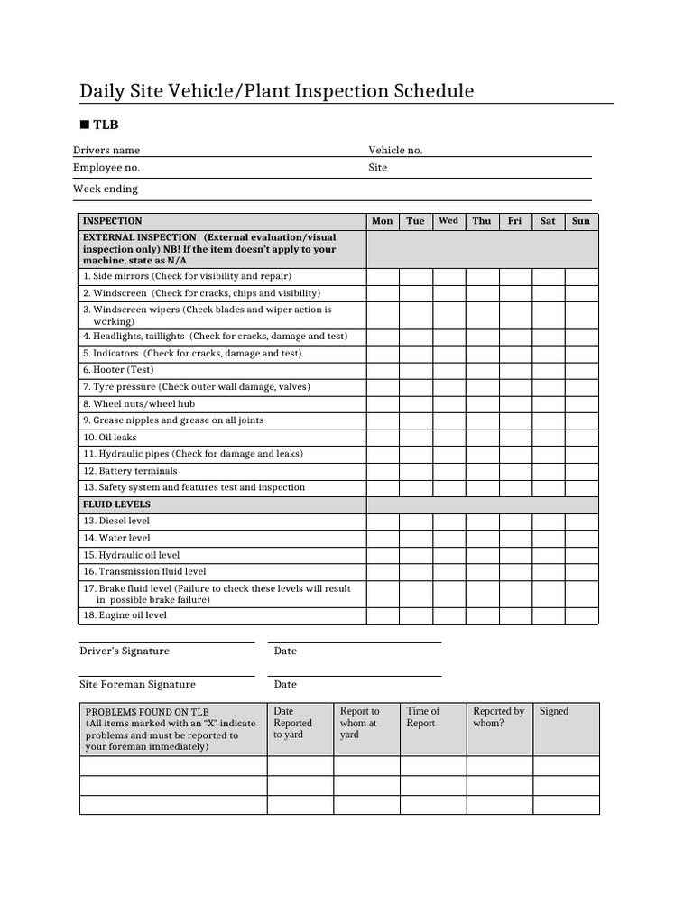 TLB Daily Site Vehicle-Plant Inspection Schedule | PDF