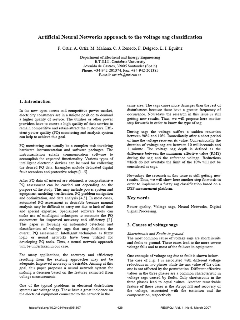 Artificial Neural Networks Approach To The Voltage Sag Classification Pdf Electric Motor
