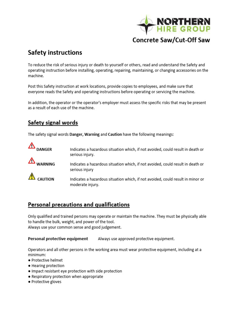 Concrete Saw Safety Instructions 1 | PDF | Occupational Safety And ...