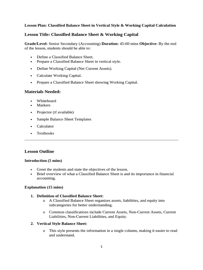 Lesson Plan - The Classified Balance Sheet and Working Capital | PDF ...