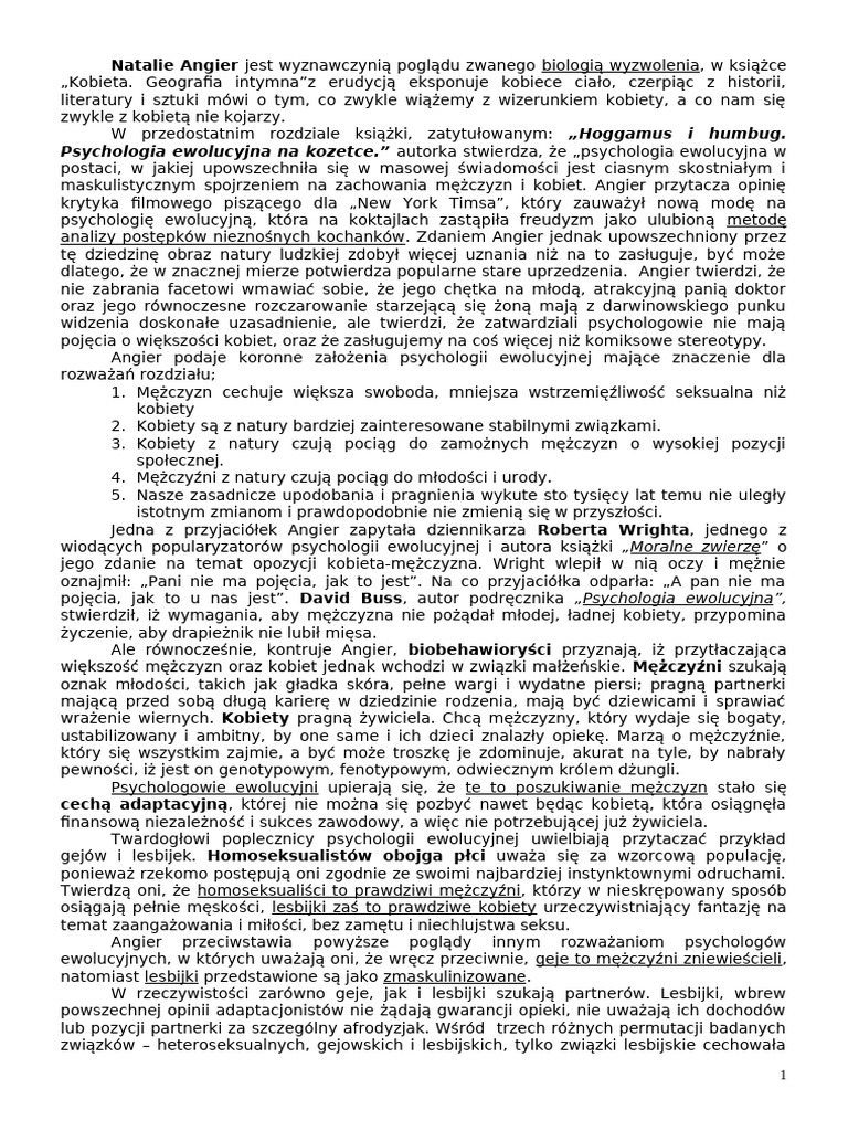 Natalie Angier Kobieta. Geografia Intymna Referat | PDF