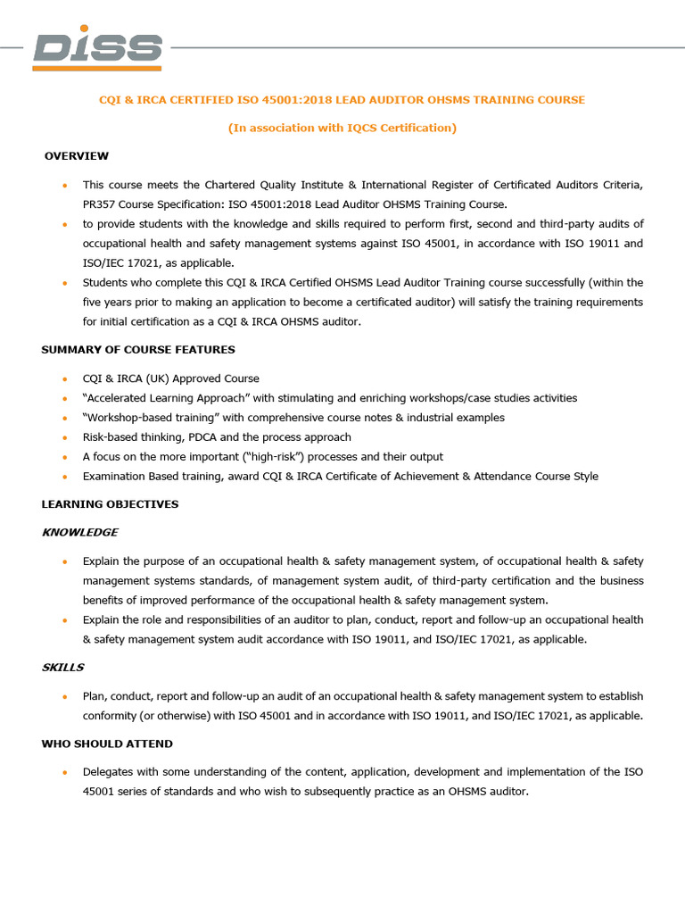 ISO 450012018 OHSMS Lead Auditor Course Outline IQCS | PDF | Audit ...