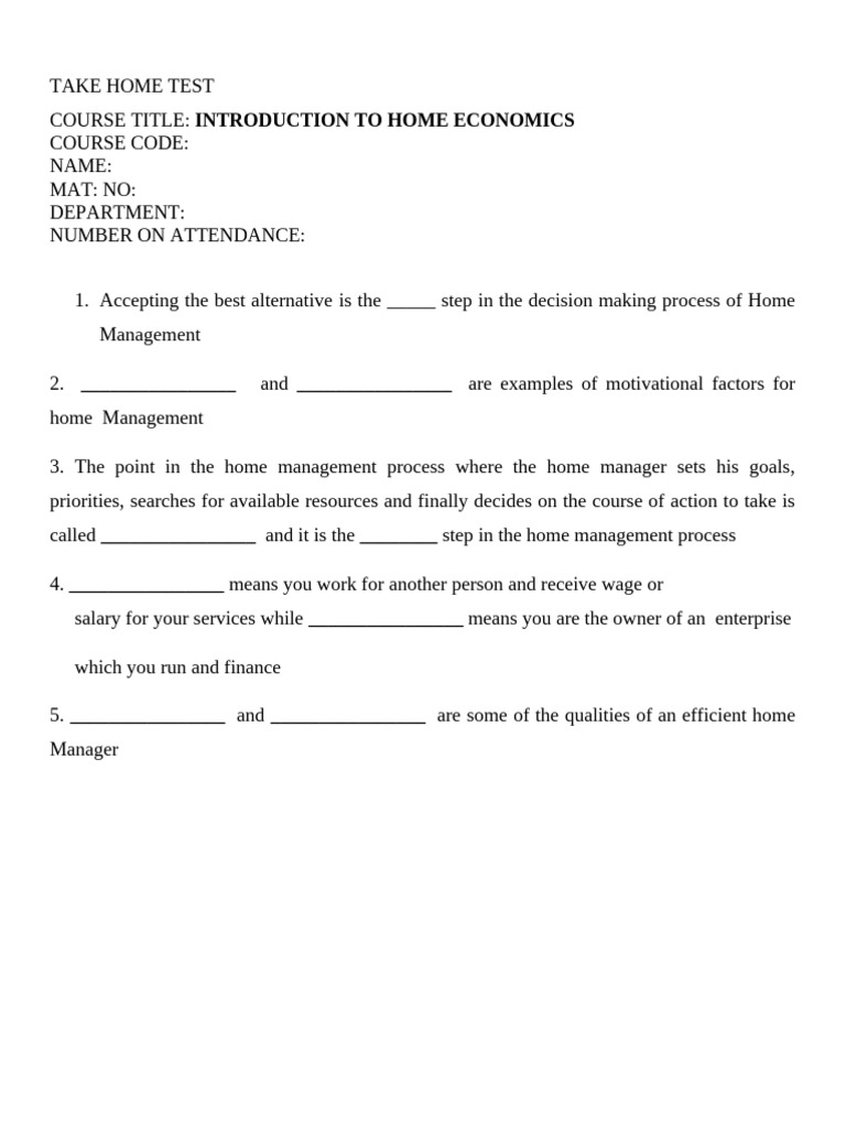 Home Economics Take Home Test | PDF