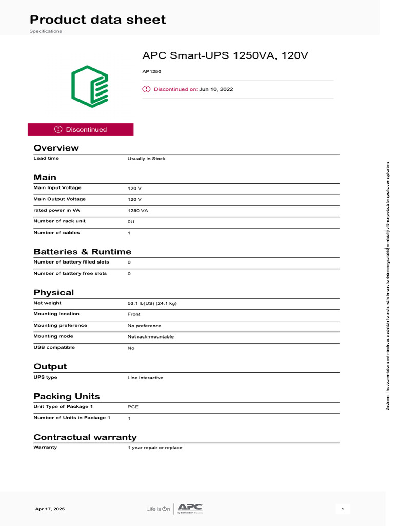 Apc Smartups Ap1250 | PDF