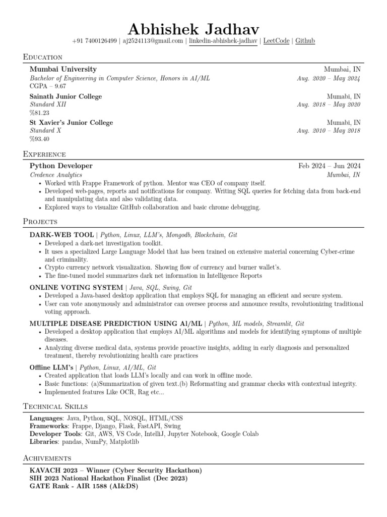 Abhishek J Python Developer Pdf Python Programming Language Sql