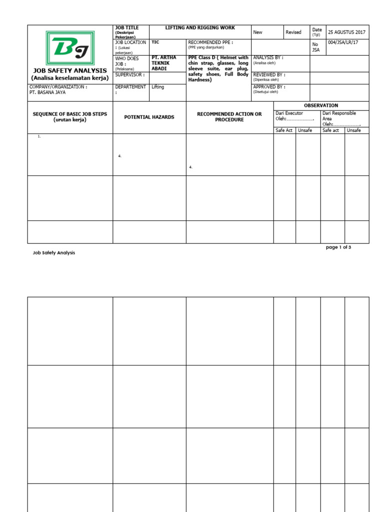 004.JSA Lifting and Rigging Work | PDF | Crane (Machine) | Personal Protective Equipment
