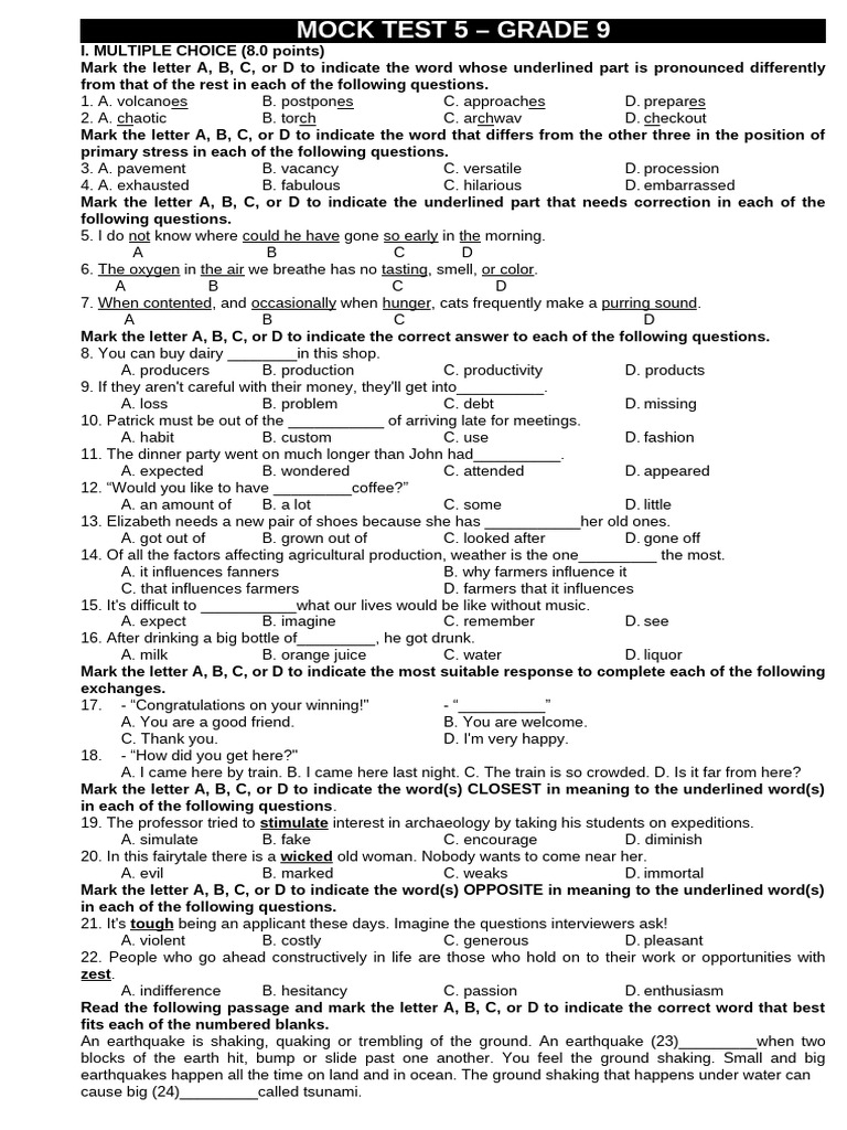 Grade 9 Mock Test: English Practice | PDF | Camera | Earthquakes
