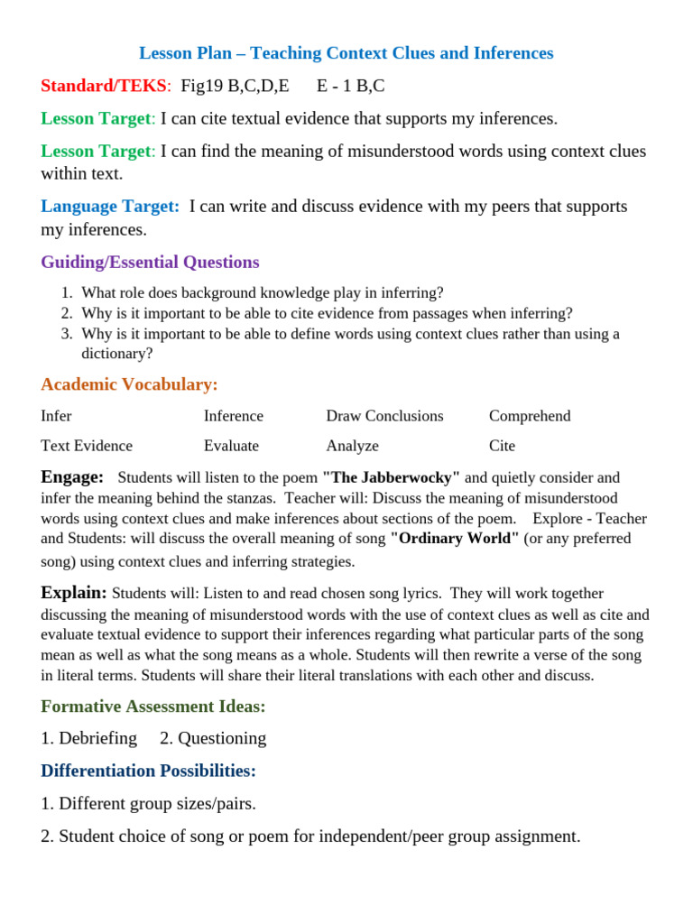 Context Clues and Inferences Lesson Plan | PDF