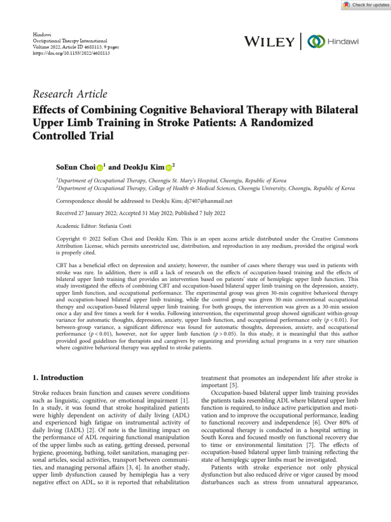 Occupational Therapy International - 2022 - Choi - Effects of Combining Cognitive Behavioral ...