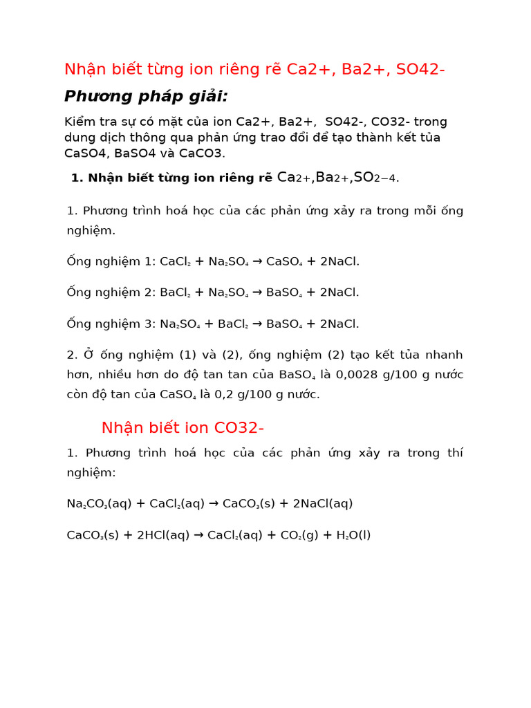 Phương pháp giải:: Nhận biết từng ion riêng rẽ Ca2+, Ba2+, SO42 | PDF