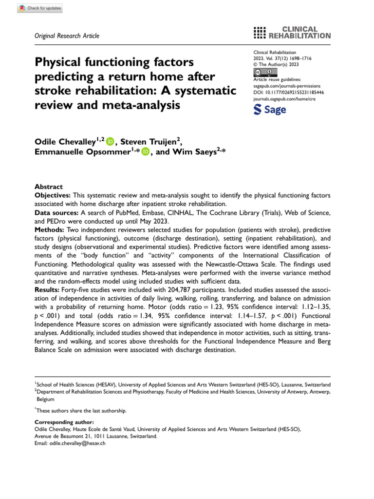 Chevalley Et Al 2023 Physical Functioning Factors Predicting A Return Home After Stroke ...