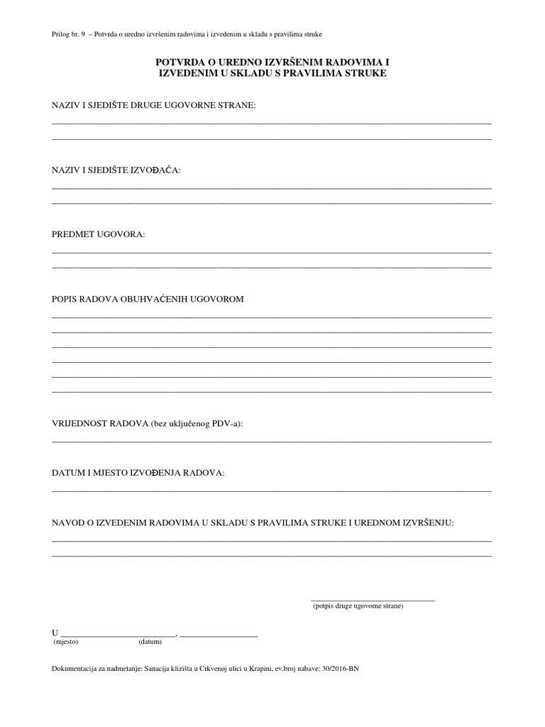 Obrazac Potvrda o Dobro Izvrsenim Radovima | PDF