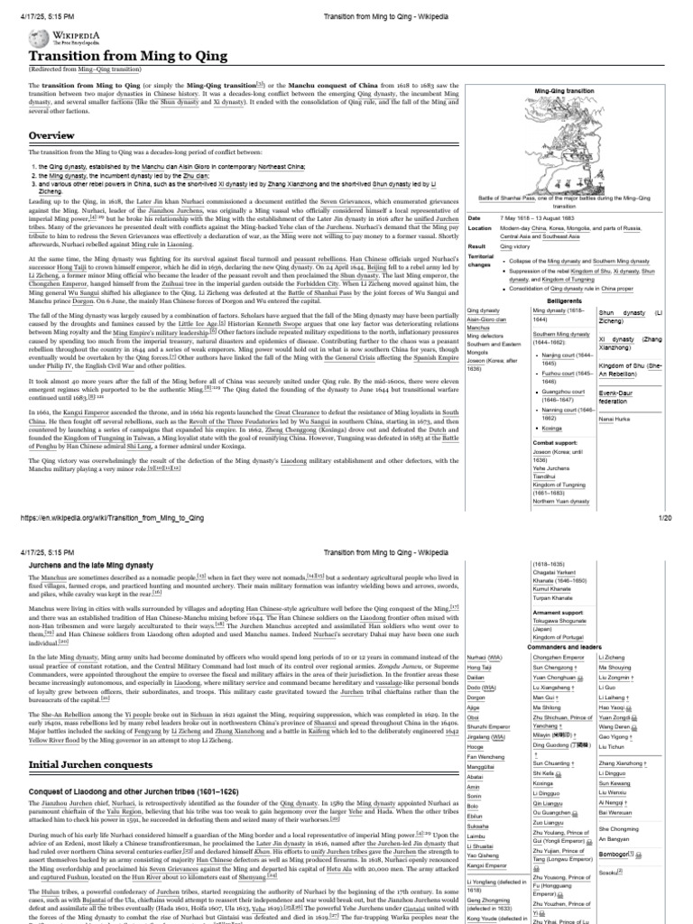 Transition From Ming To Qing - Wikipedia | PDF | Qing Dynasty ...