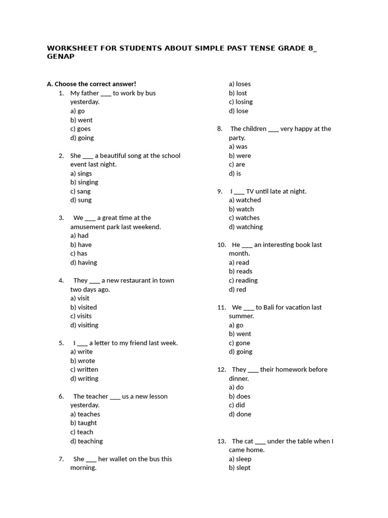 Simple Past Tense Worksheet for Grade 8 | PDF