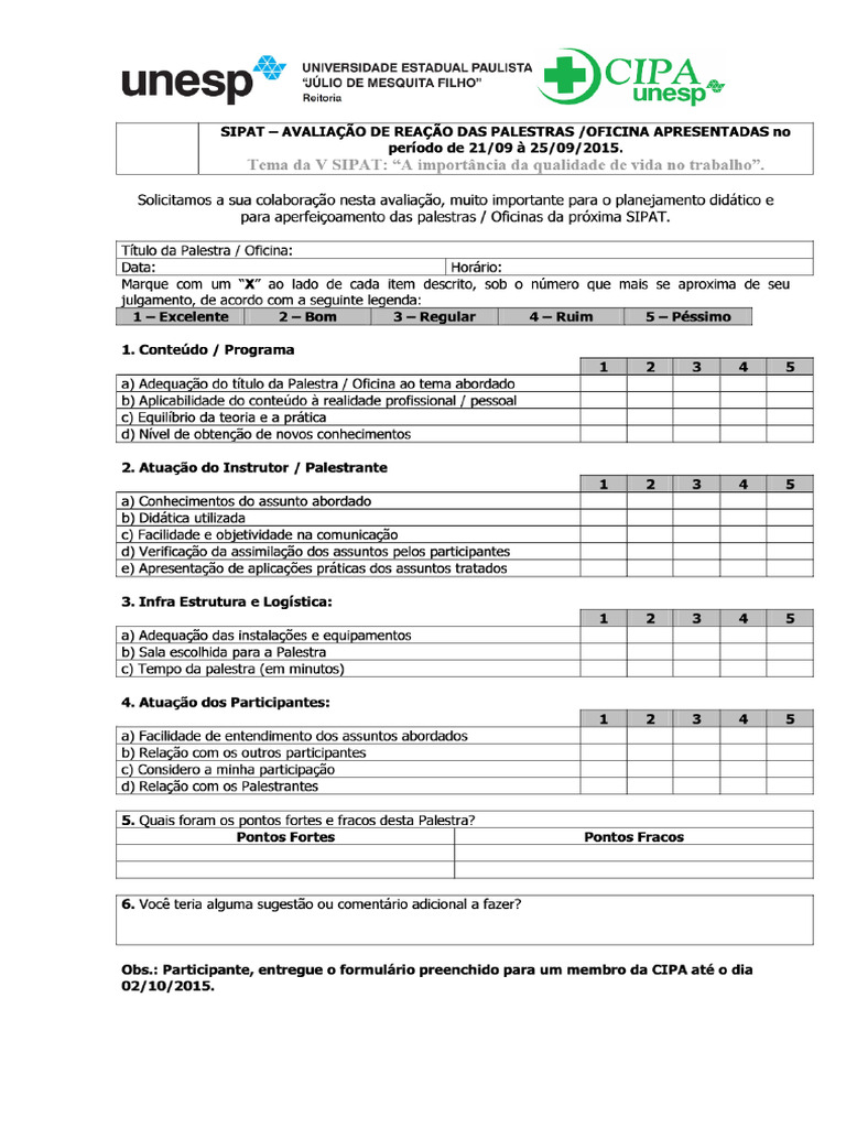 Formulário de Avaliação Da SIPAT 2015 | PDF