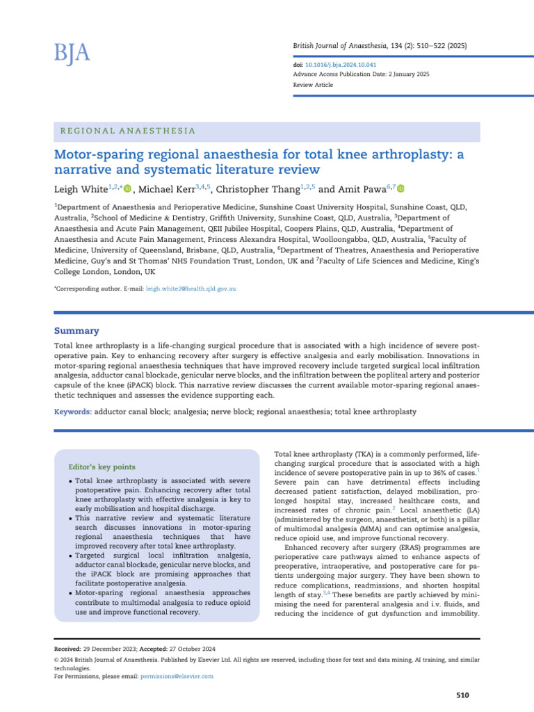 Motor Sparing Regional Anaesthesia For Total Knee | PDF | Human Leg | Knee