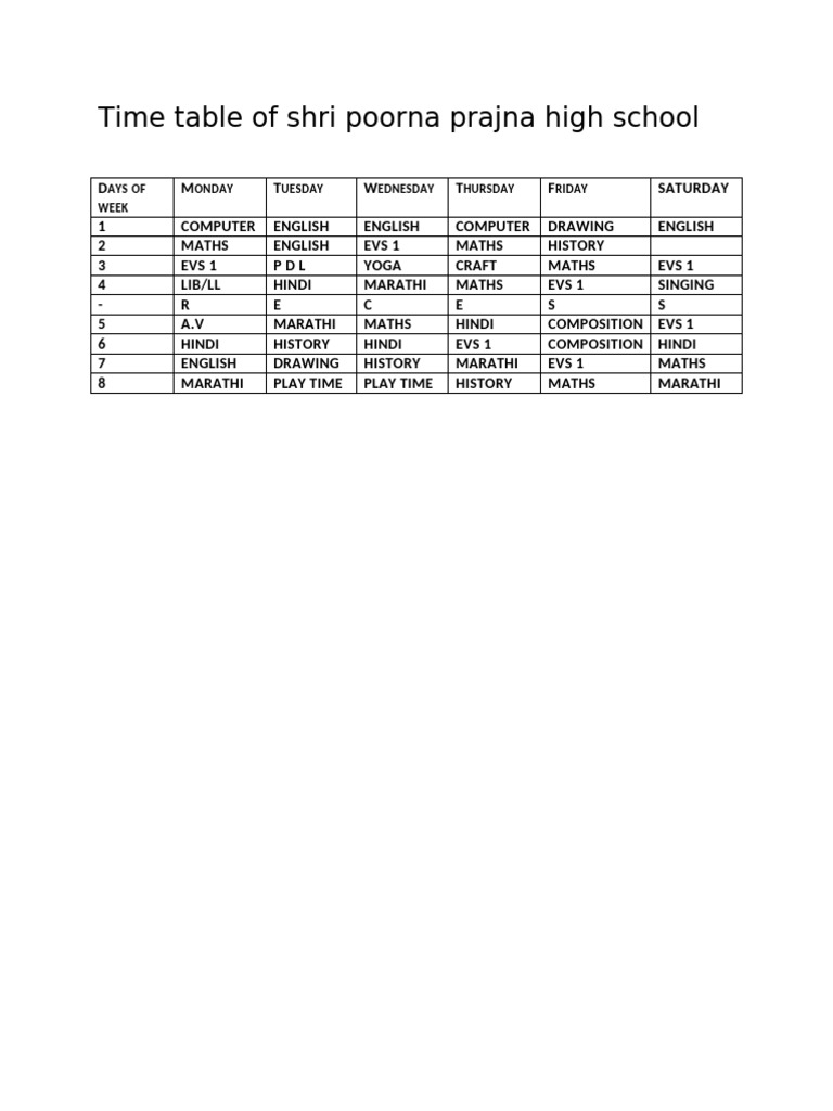 Shri Poorna Prajna High School Timetable | PDF