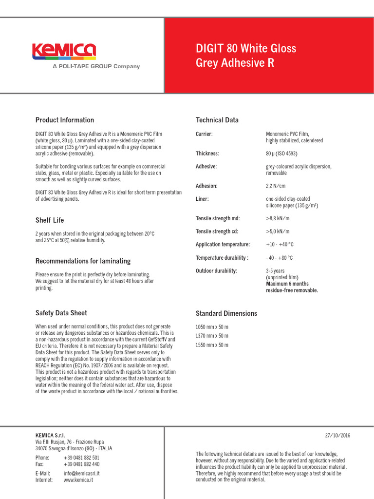 DIGIT 80 White Gloss Grey Adhesive R en | PDF | Adhesive | Lamination