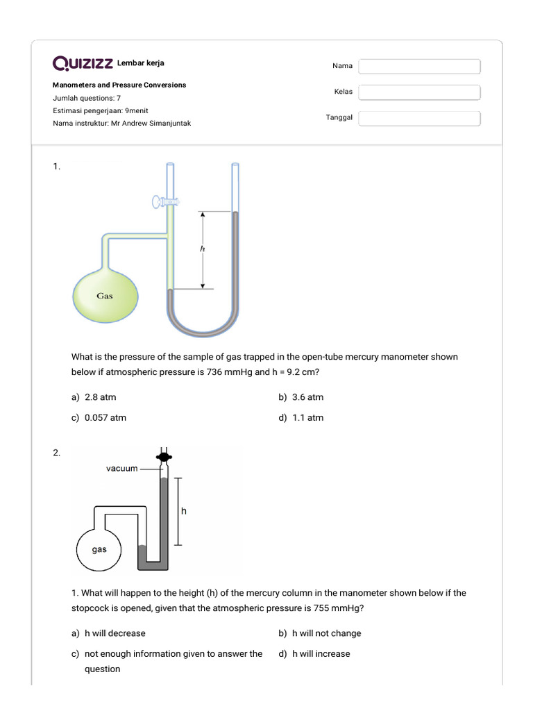 Manometers and Pressure Conversions - Quizizz | PDF