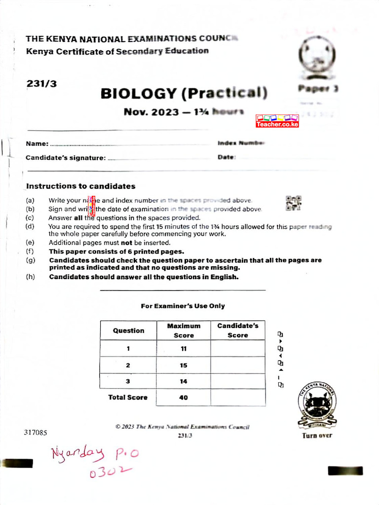 Biology PP3 MS KCSE 2023 Teacher - Co .Ke | PDF