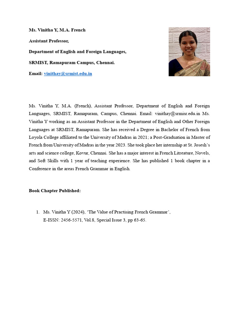 Ms. Vinitha Y: French Language Expert | PDF