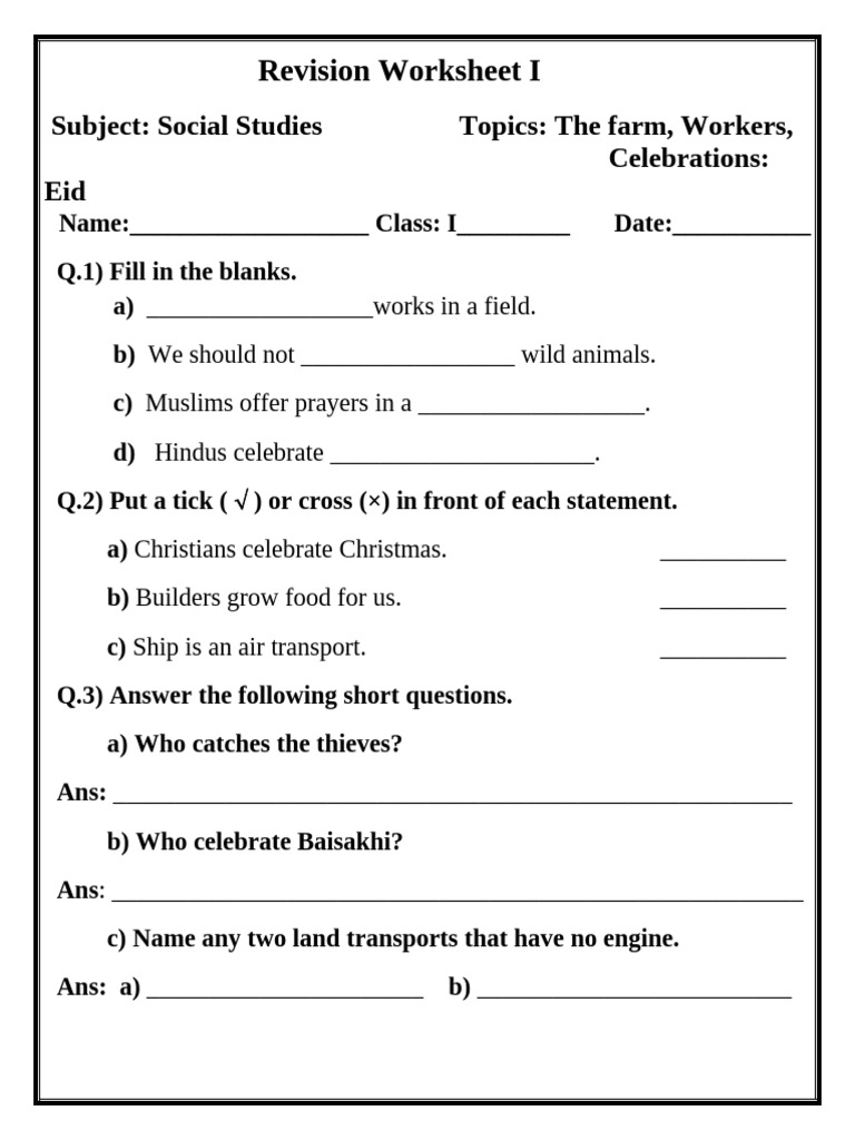 Social Studies Revision Worksheet for Class I | PDF