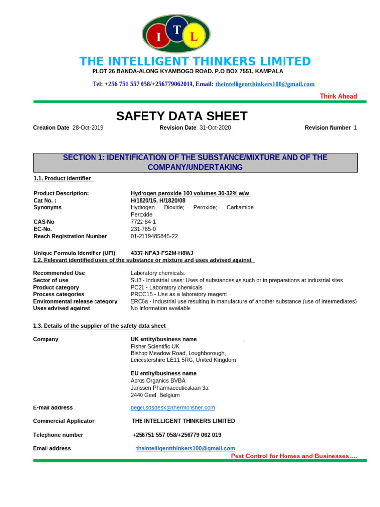 Hydrogen Peroxide Safety Data Sheet | PDF | Toxicity | Personal ...