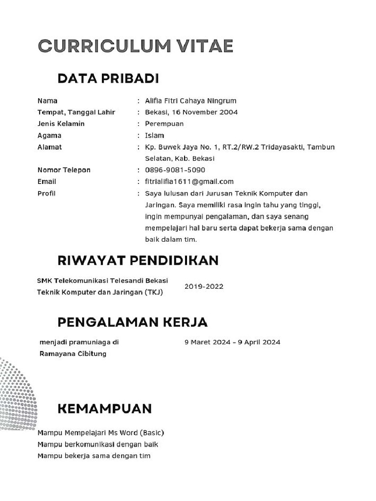 CV Alifia Fitri Cahaya Ningrum | PDF
