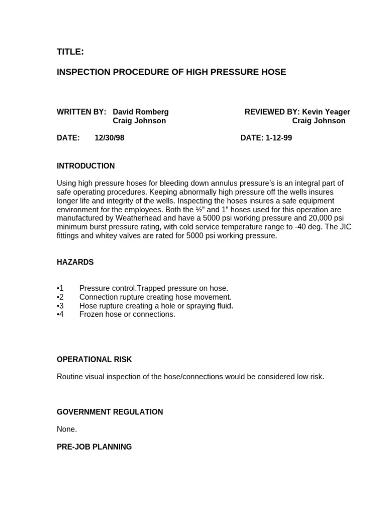 High Pressure Hose Inspection | PDF