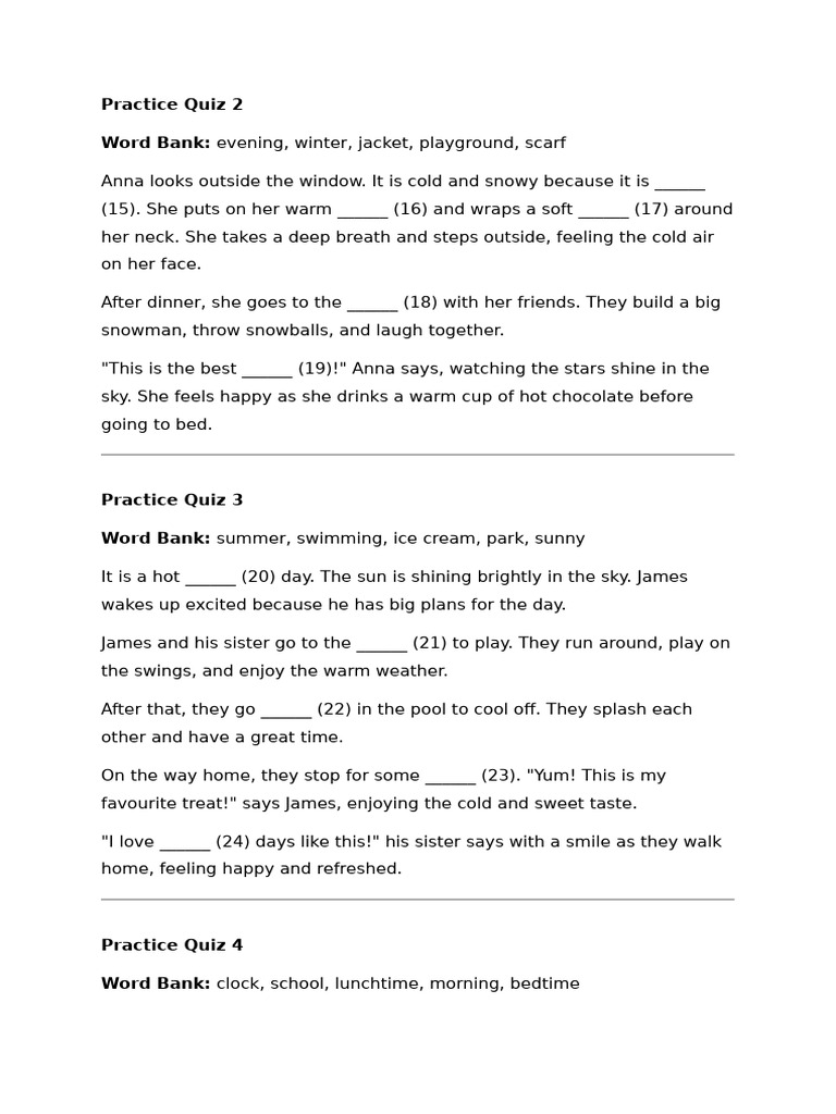 Cloze Passage Primary 1 (Quiz 2-5) | PDF