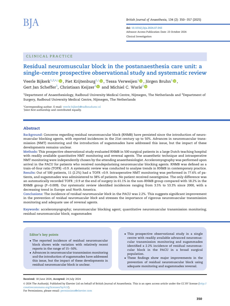 Residual Neuromuscular Block in The Postanaesthesia | PDF | Surgery | Medical Specialties