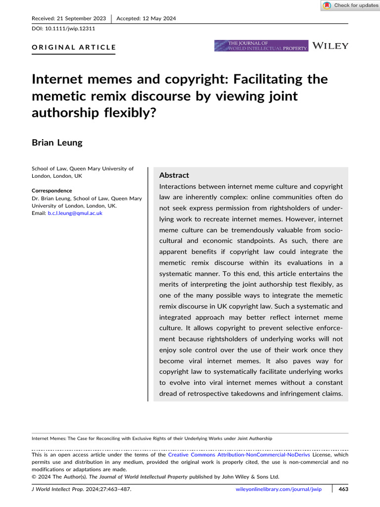 World Intellectual Property - 2024 - Leung - Internet Memes and Copyright Facilitating The ...