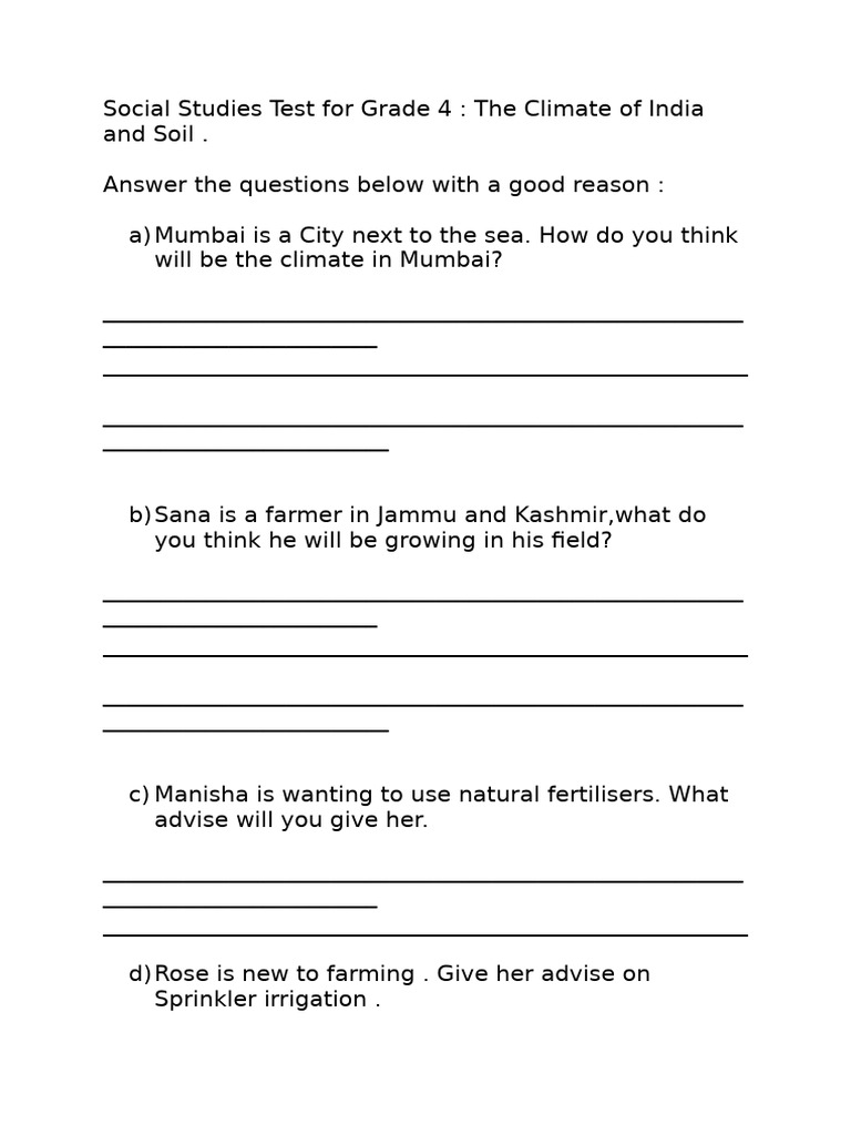 Social Studies Test For Grade 4 | PDF | Soil | Rain