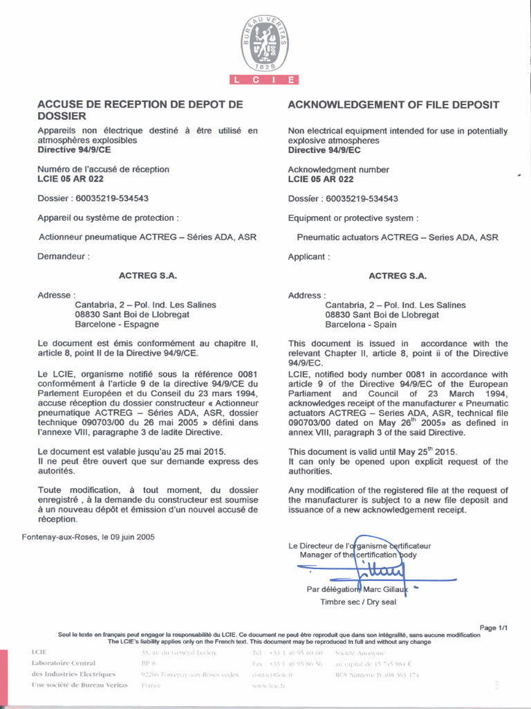 Actuator ATEX Acknowledgement of File Deposit LCIE 05 AR 022 | PDF
