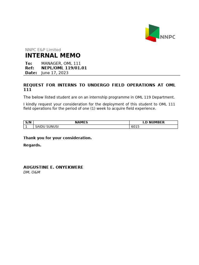 Request for Interns at OML 111 Field | PDF