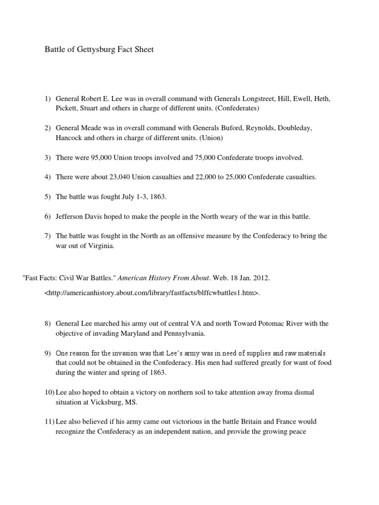 Battle of Gettysburg Fact Sheet | PDF | Battle Of Gettysburg ...
