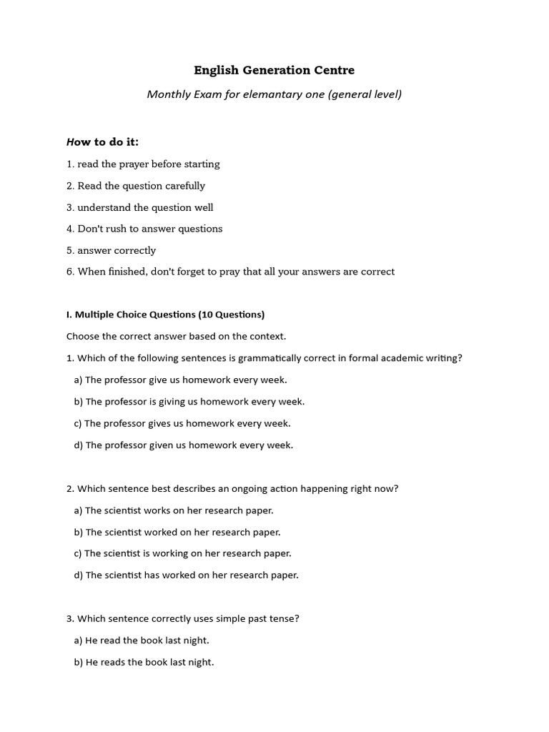 Monthly English Exam for Elementary Level | PDF | Question | Grammar