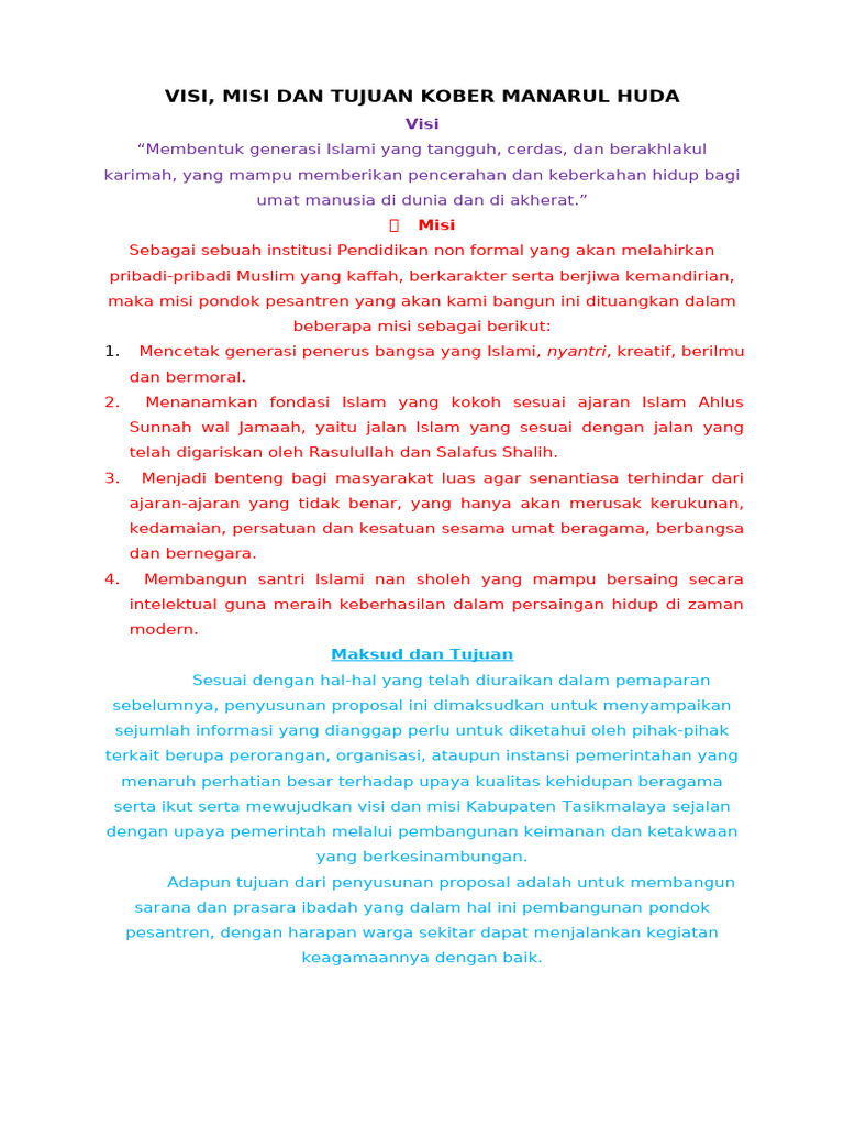 Visi dan Misi Kober Manarul Huda | PDF