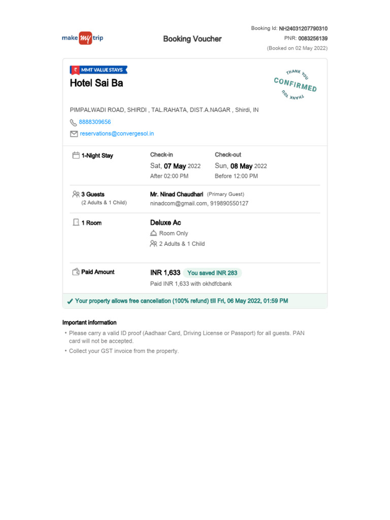 Hotel Booking Confirmation | PDF