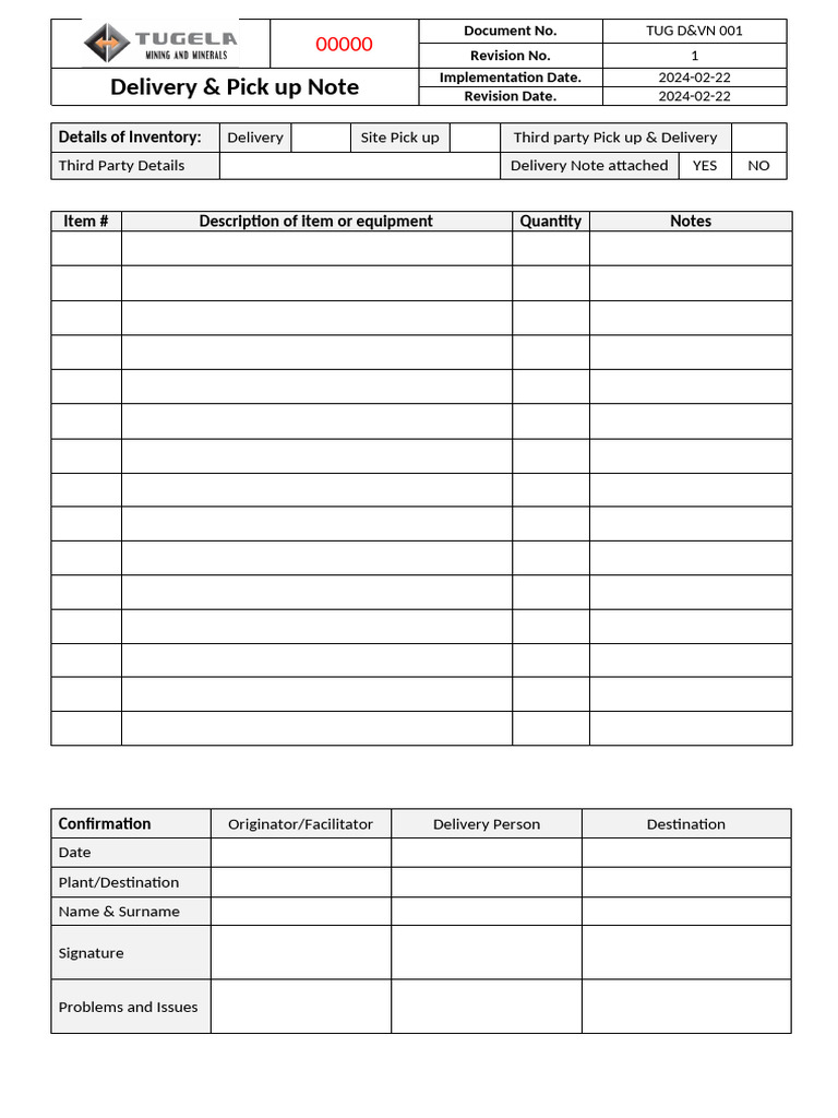 1 Delivery and Pick Up Note | PDF