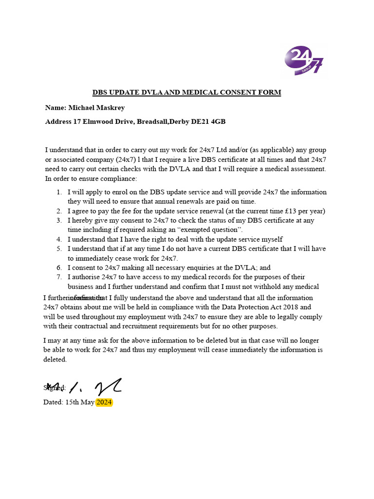 DBS Update, Medical, DVLA Consent Form Drivers | PDF