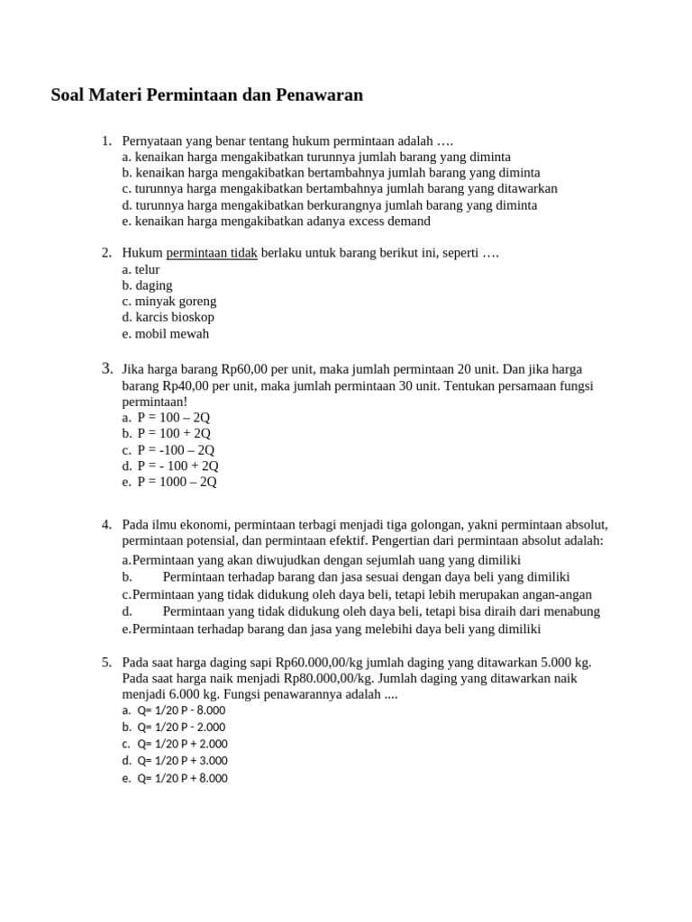 Soal Materi Permintaan Dan Penawaran | PDF