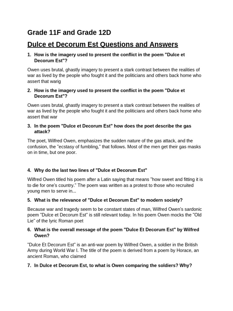Dulce Et Decorum Est Questions and Answers | PDF