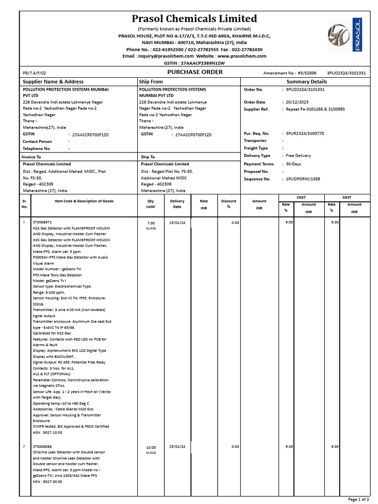 Prasol Chemicals - Purchase Order 3101331 Pollution Protection Ammd ...